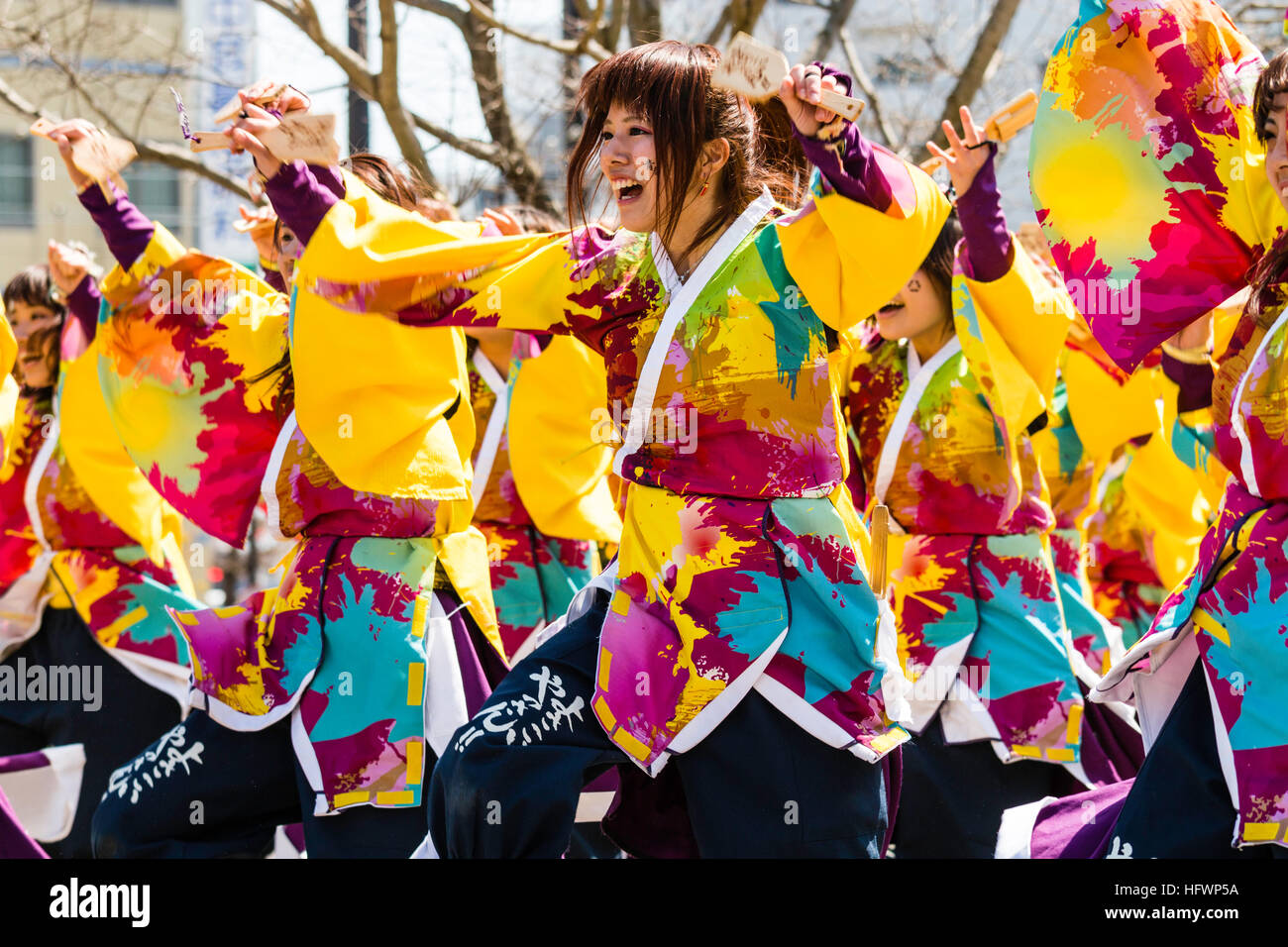 Japanese Yosakoi festival. University dance team dancing in public city ...