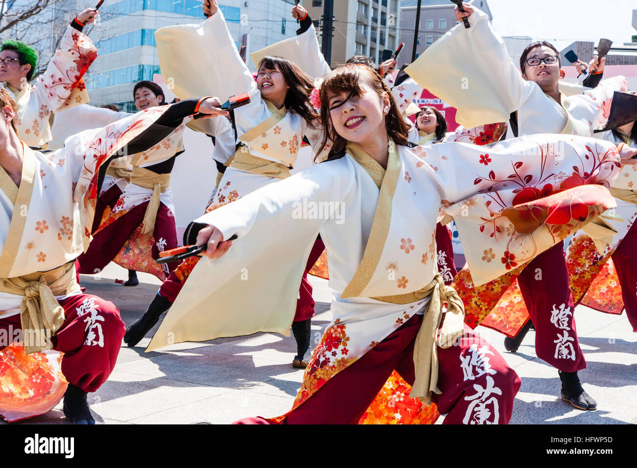 Japanese Yosakoi festival. University dance team dancing in public city ...