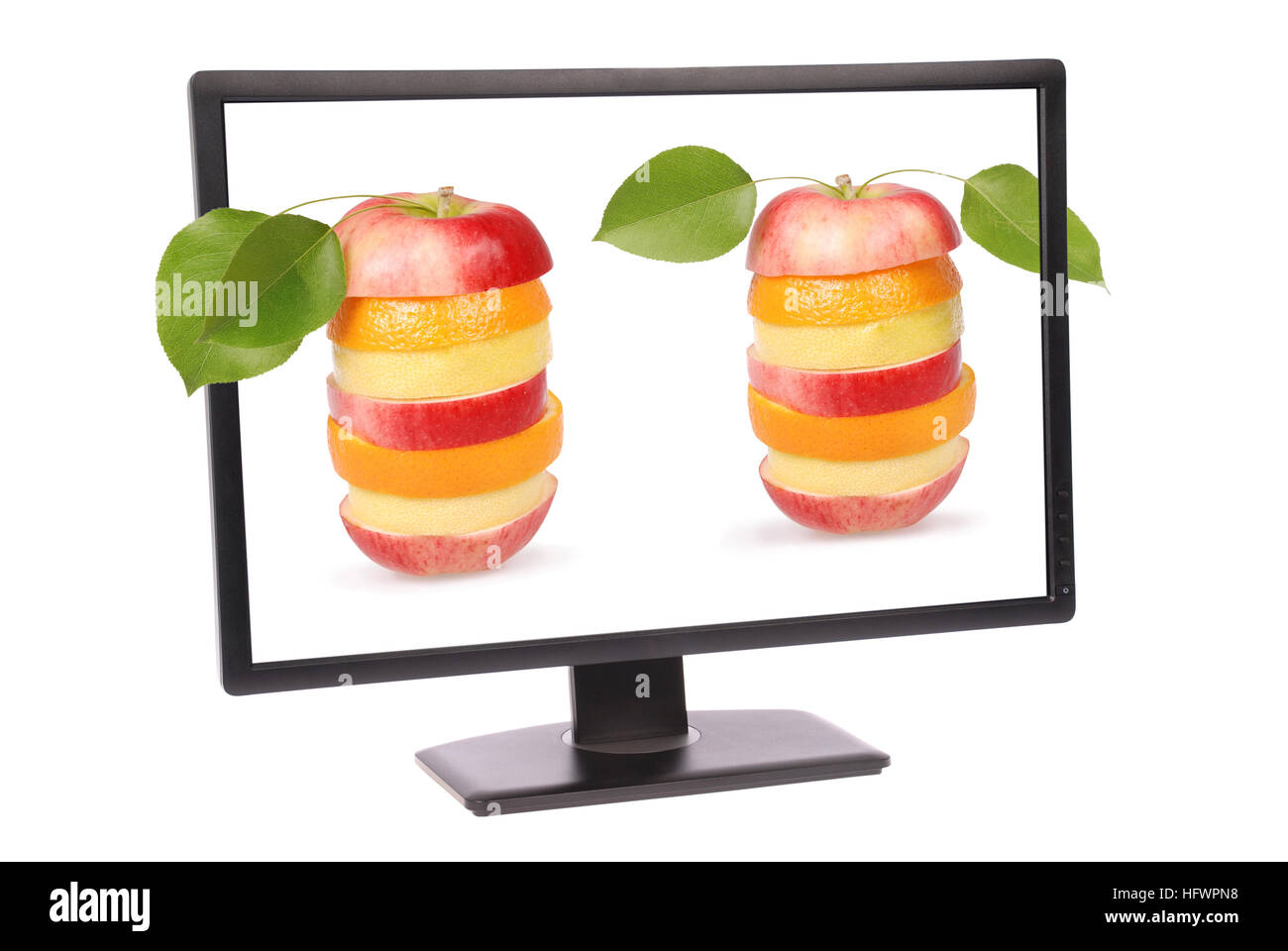 Computer monitor on white background. Mixed fruits on white screen ...