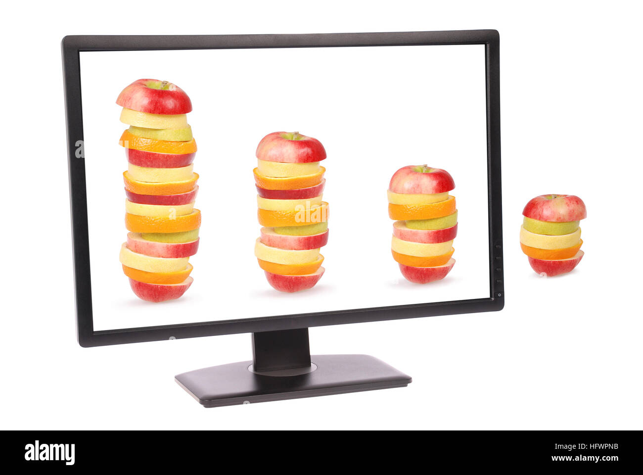 Computer monitor on white background. Mixed fruits on white screen ...