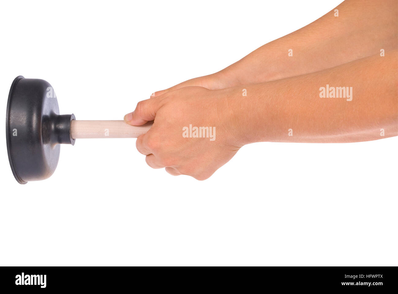 Hand holding plunger with wooden handle isolated on white. Clipping ...