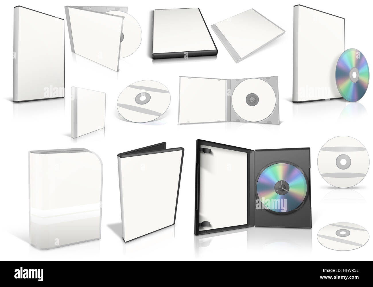 White multimedia disks and boxes on white background. Ready to be ...