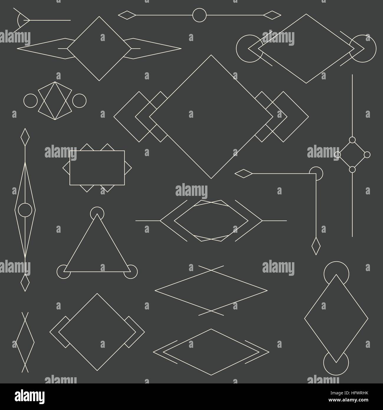 Set of linear graphic stylized frames and borders on grey background ...