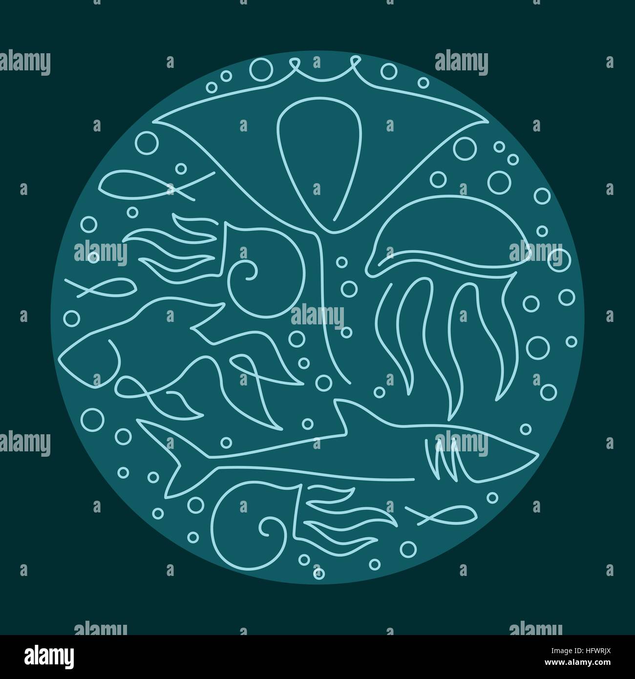 Round composition made of sea fauna linear drawings Stock Vector Image ...