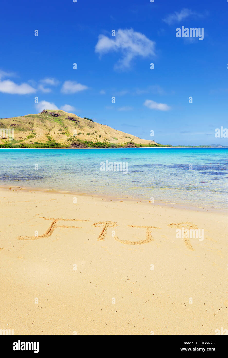 'Fiji' written in sand, Yasawa Group, Fiji, South Pacific islands ...