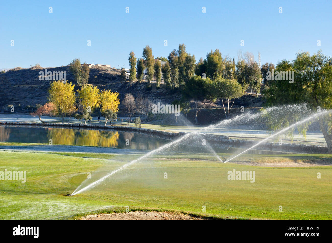 Sprinklers watering on a golf course Stock Photo - Alamy