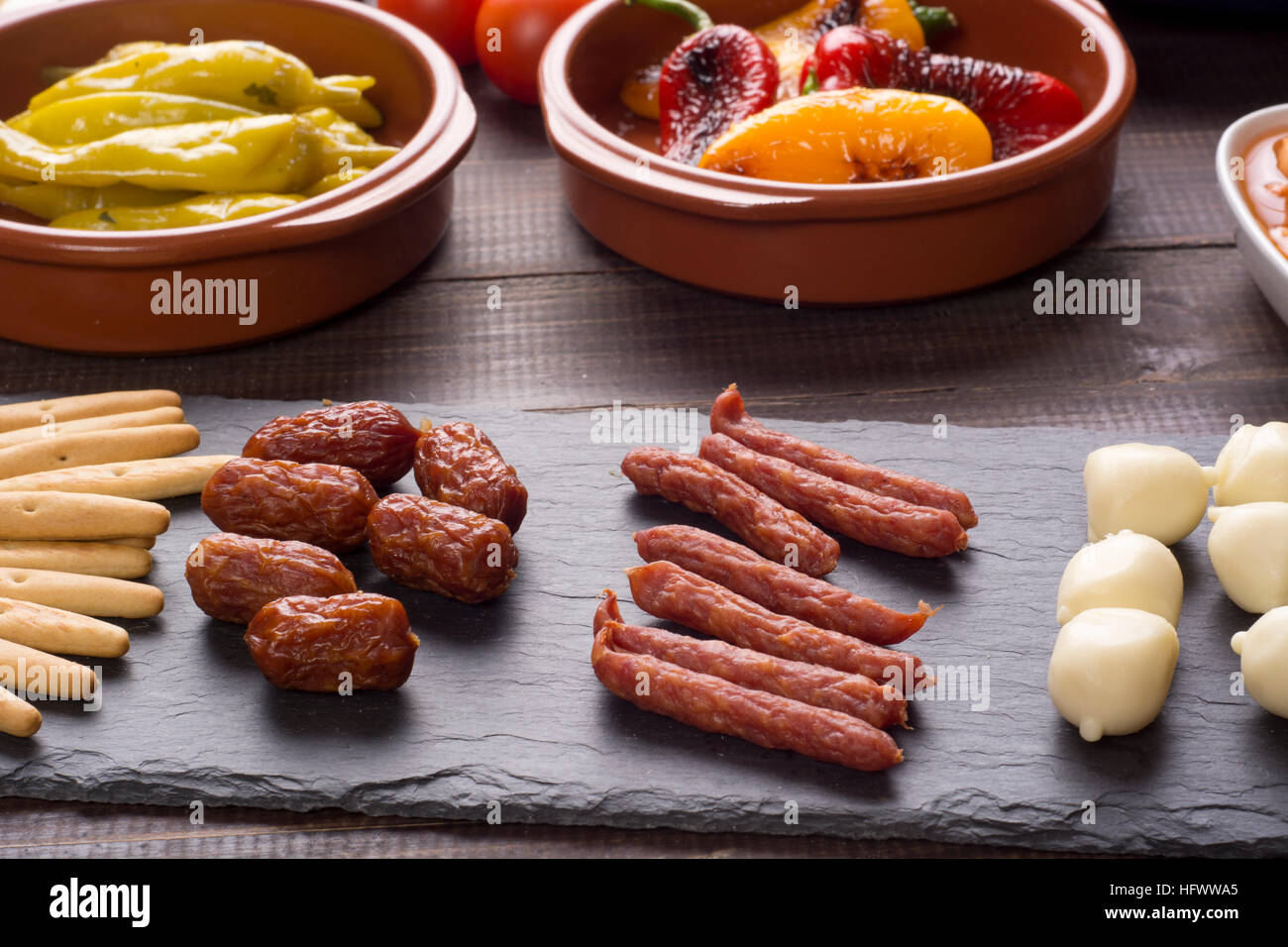 Variety of mediterranean starters - spanish tapas with chorizo and ...