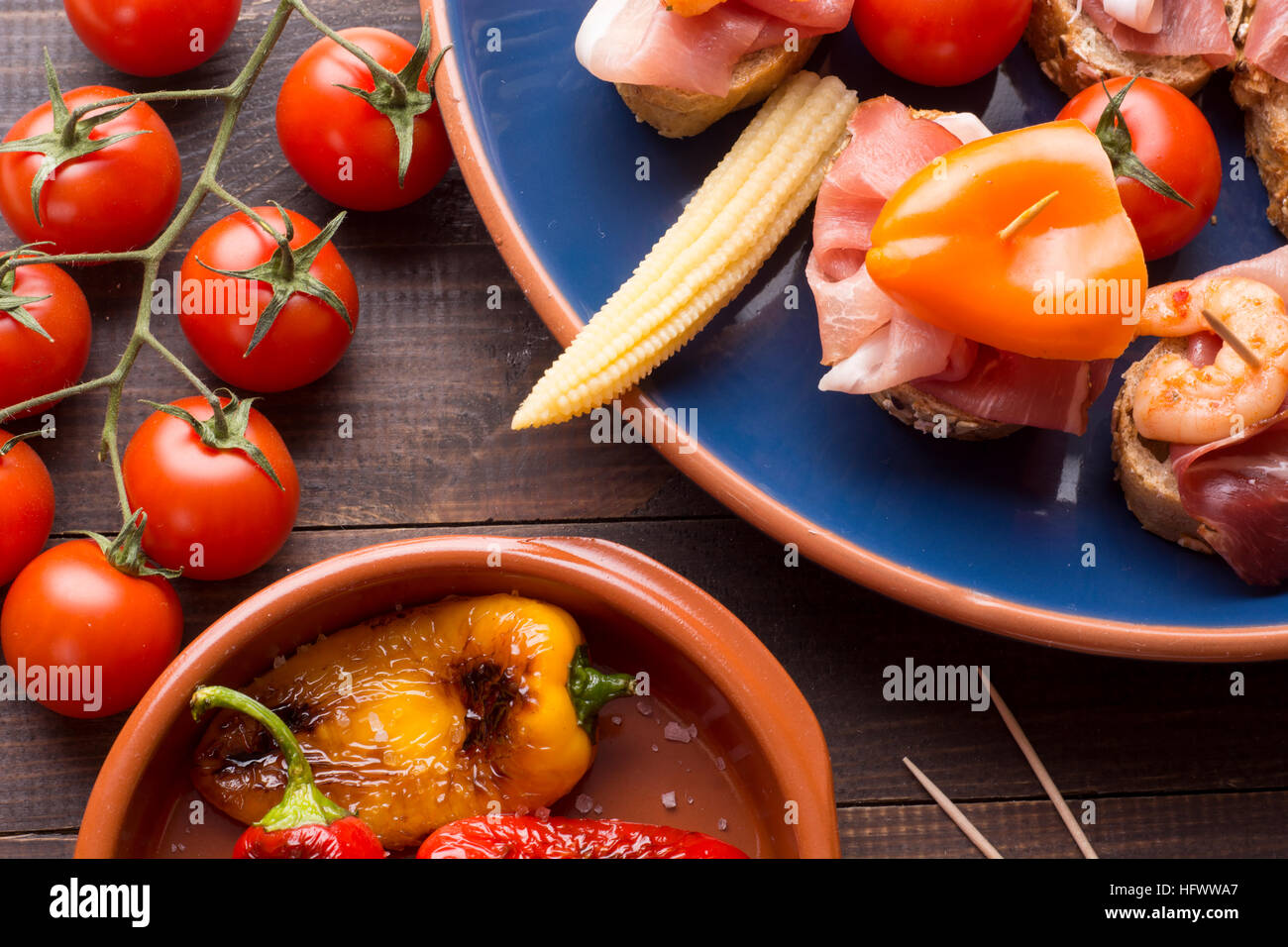Top view of variety of mediterranean starters - spanish tapas with ...