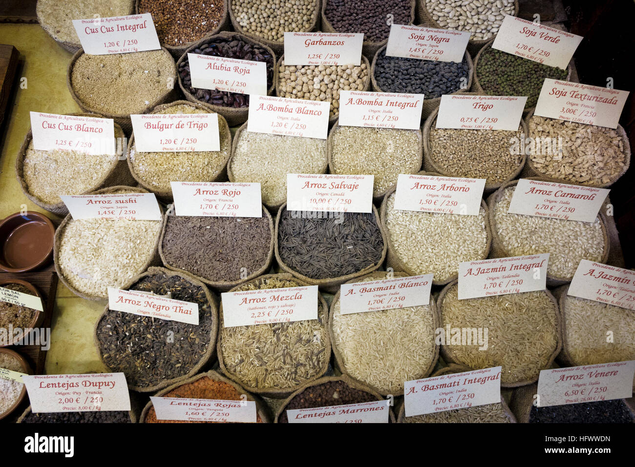 Sacks of rice for sale in the market at Palma, Mallorca Stock Photo - Alamy