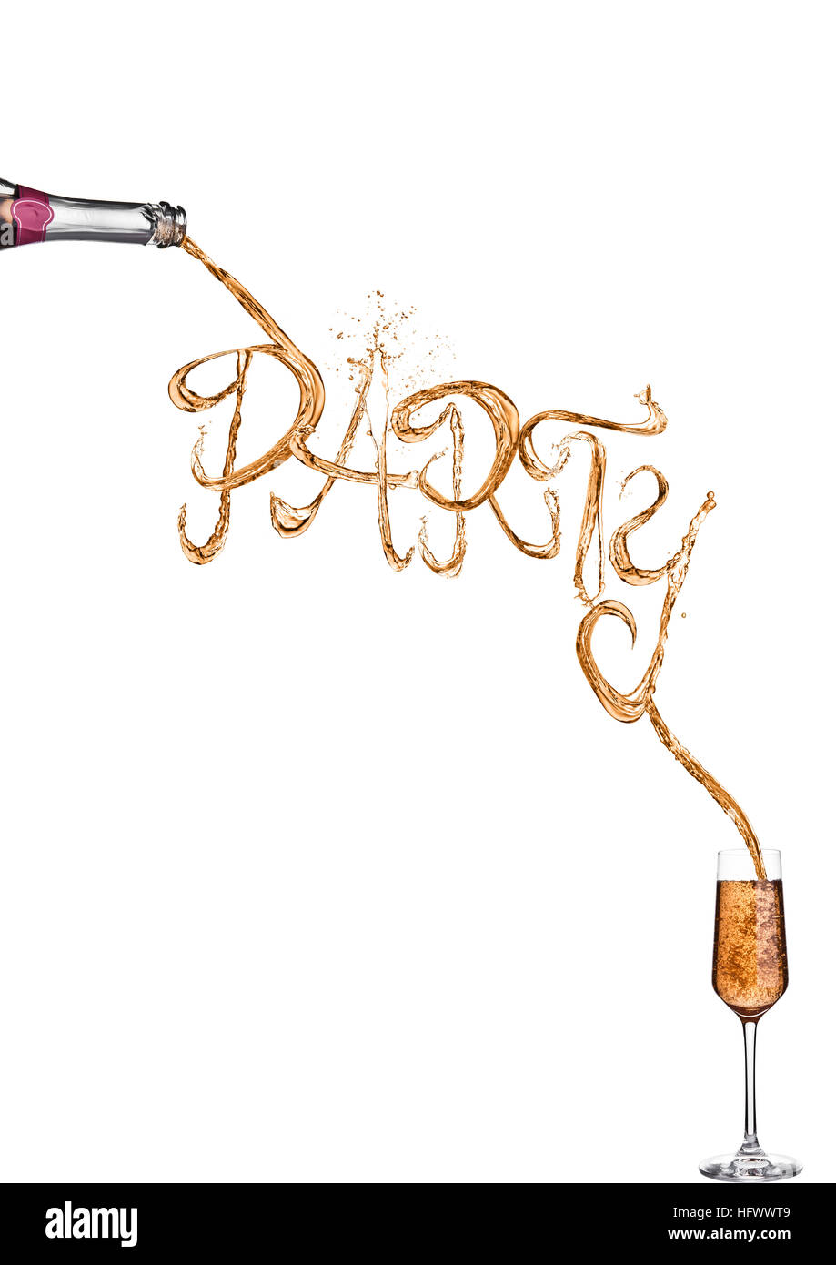 Champagne party splash font pouring from bottle to glass on white ...