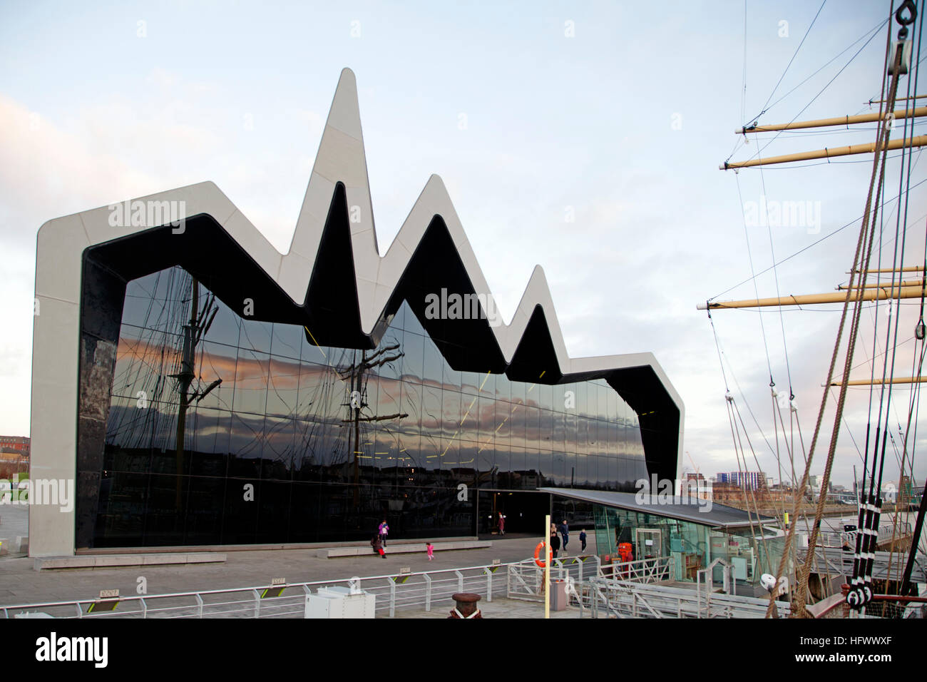 The Riverside Museum of Transport in Glasgow, Scotland and the Glenlee ...