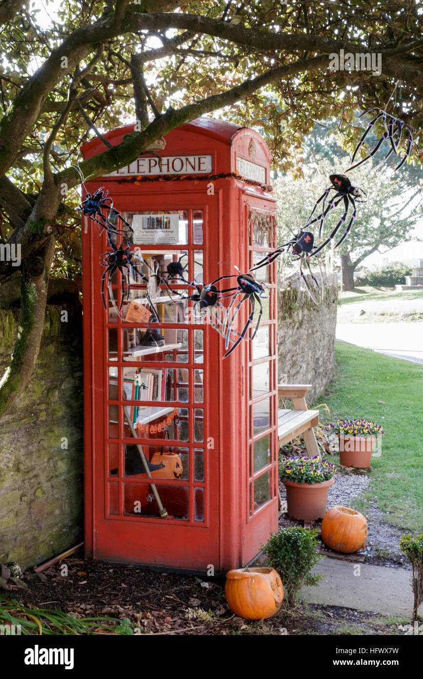 Old fashioned telephone box decorated for Halloween, South Devon Stock ...