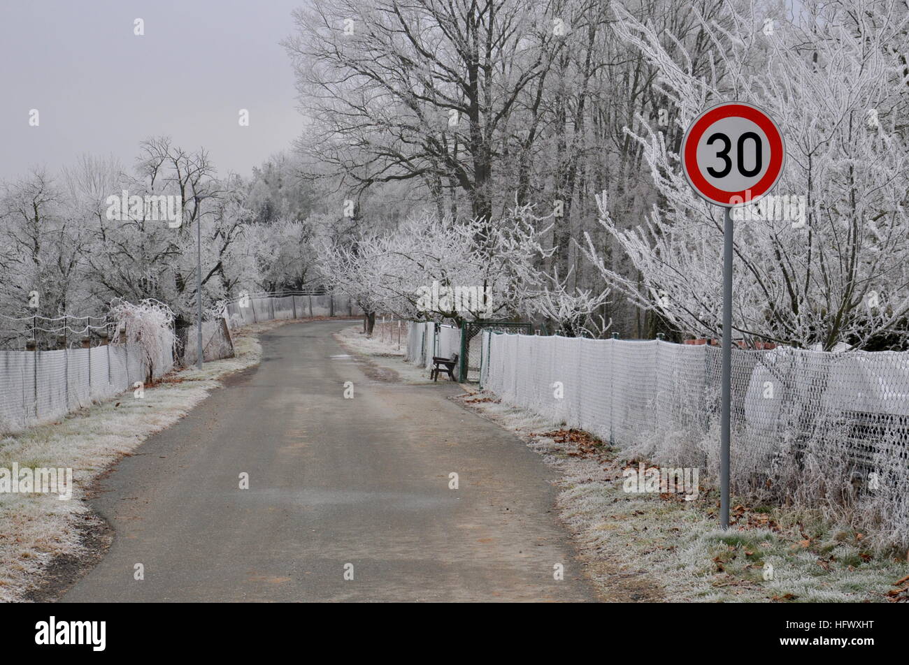 Winter road with traffic sign, winter, frost, speed, traffic Stock ...