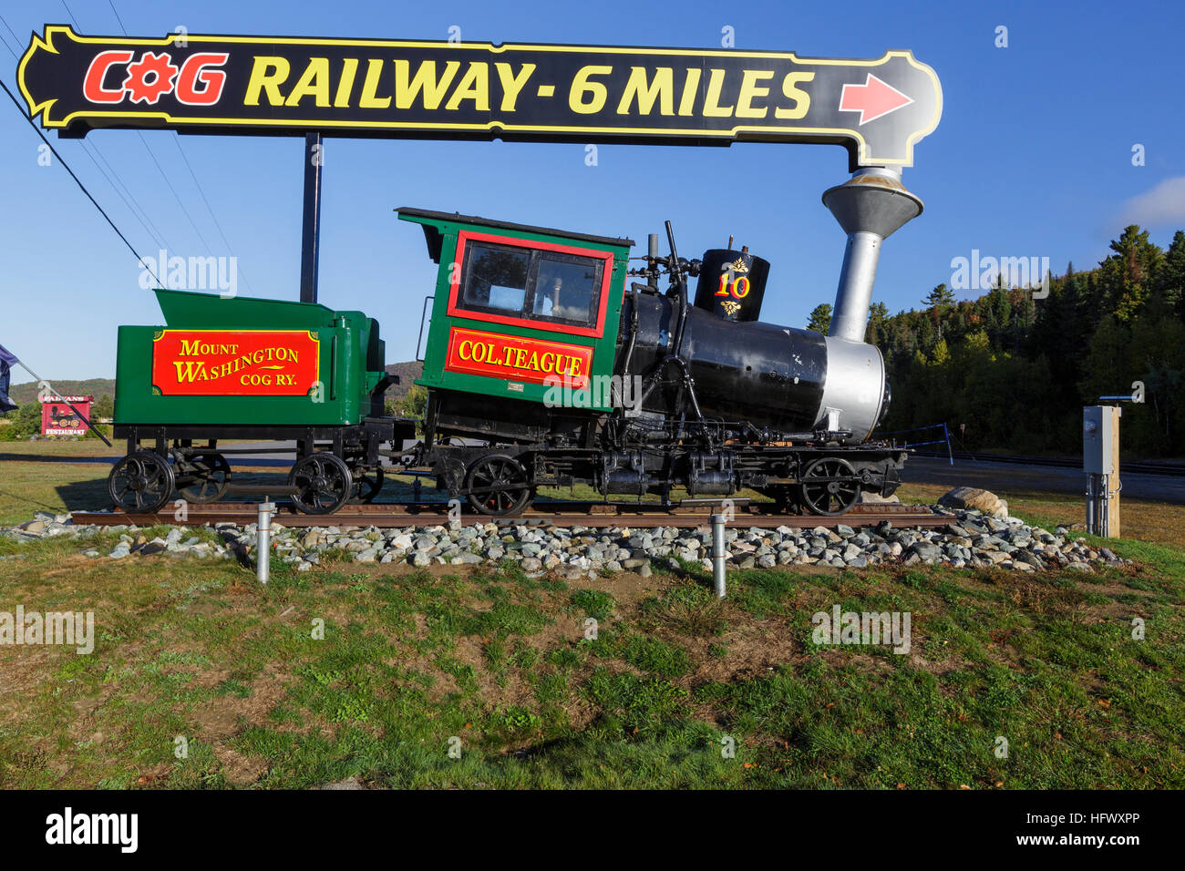 Mount Washington Cog Railway 6 miles sign at Fabyan's Station in ...