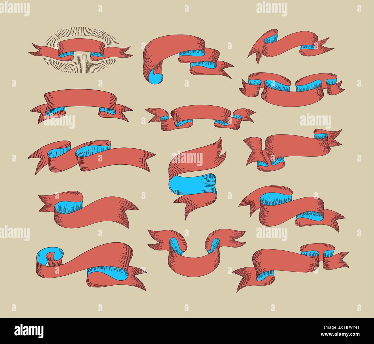 hand drawing ribbon set in engraving old vintage style design el Stock ...