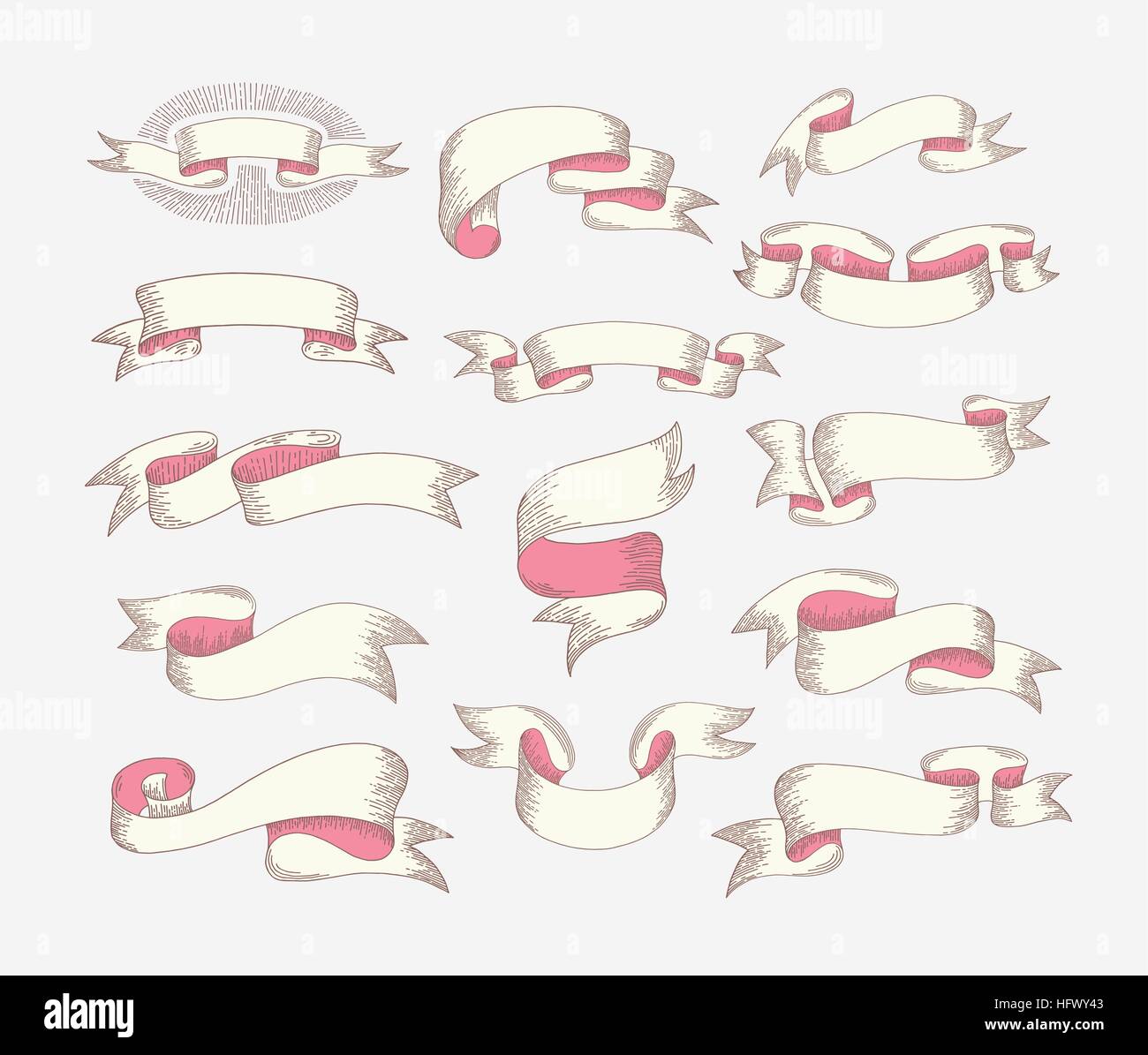 hand drawing ribbon set in engraving old vintage style design el Stock ...