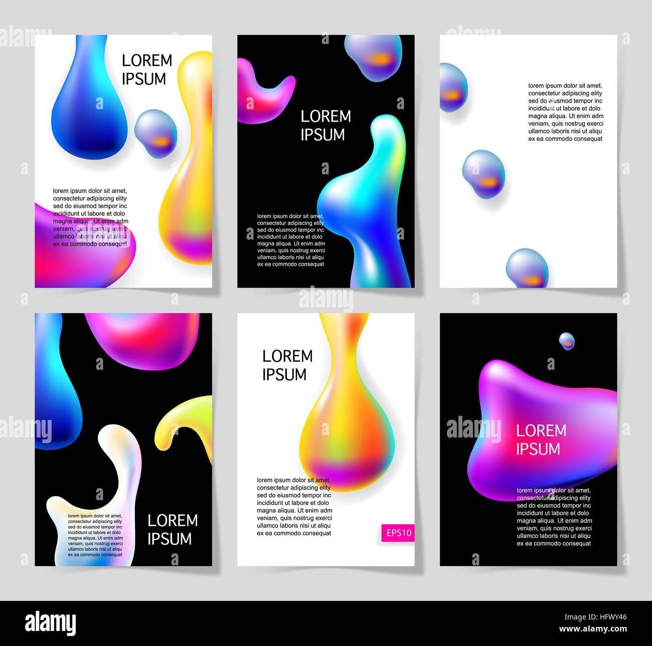 set of abstract bright colorful plasma drops shapes pattern on w Stock ...