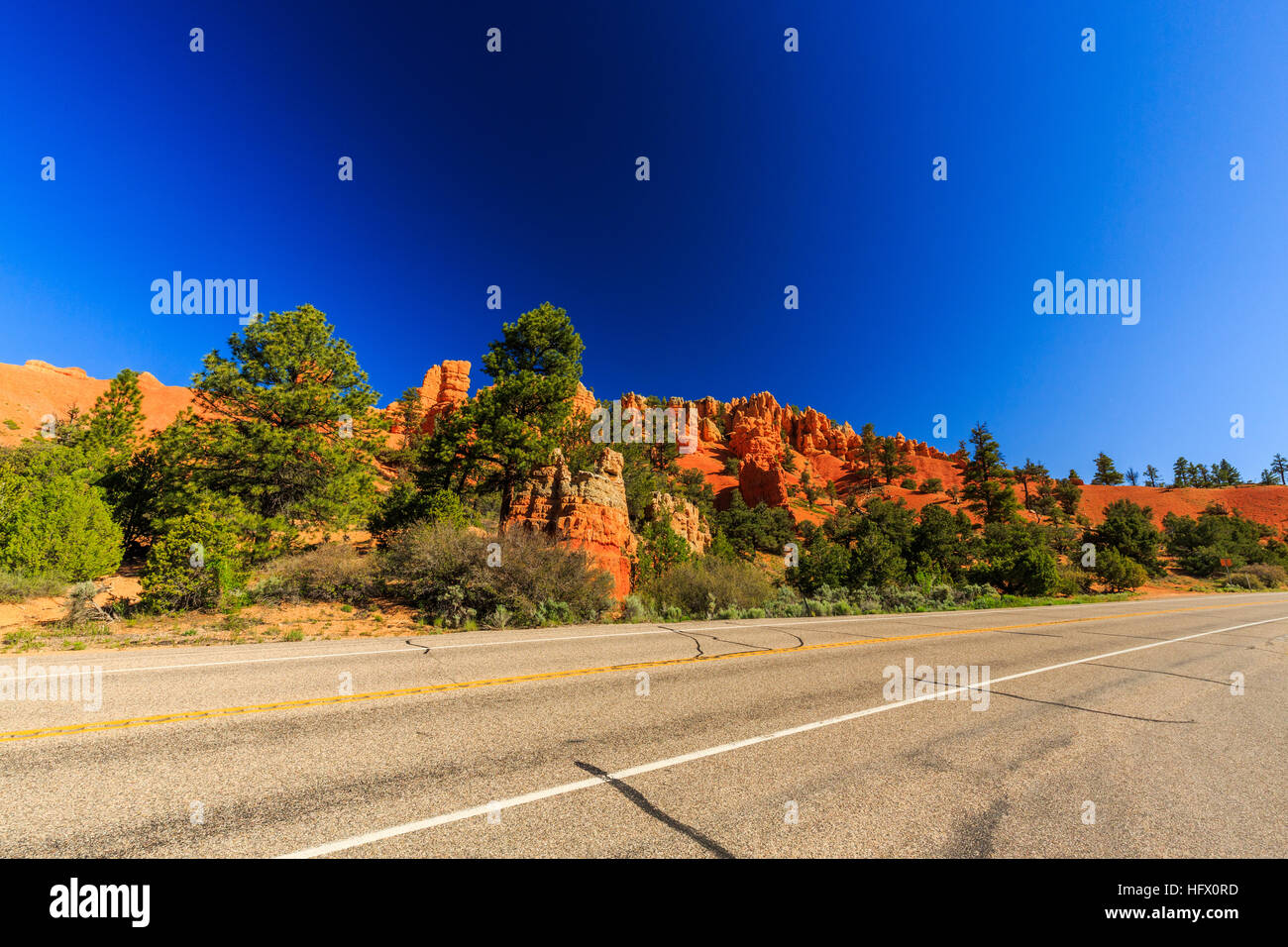 Unique vermilion-colored rock formation and stands of Ponderosa pines ...