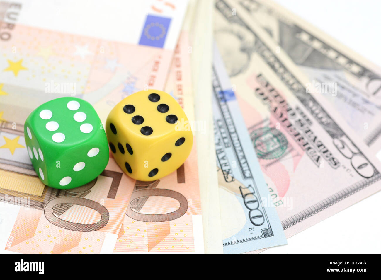 Taking a risk and winning concept with a pair of dice standing on US ...