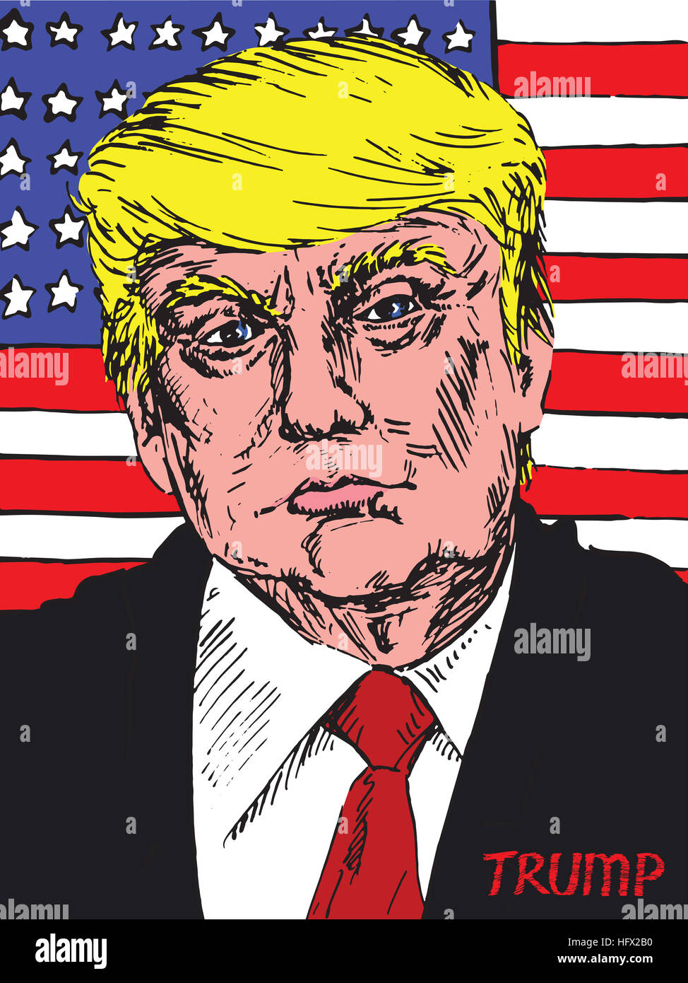 Portrait of Donald Trump on the background of the American flag ...