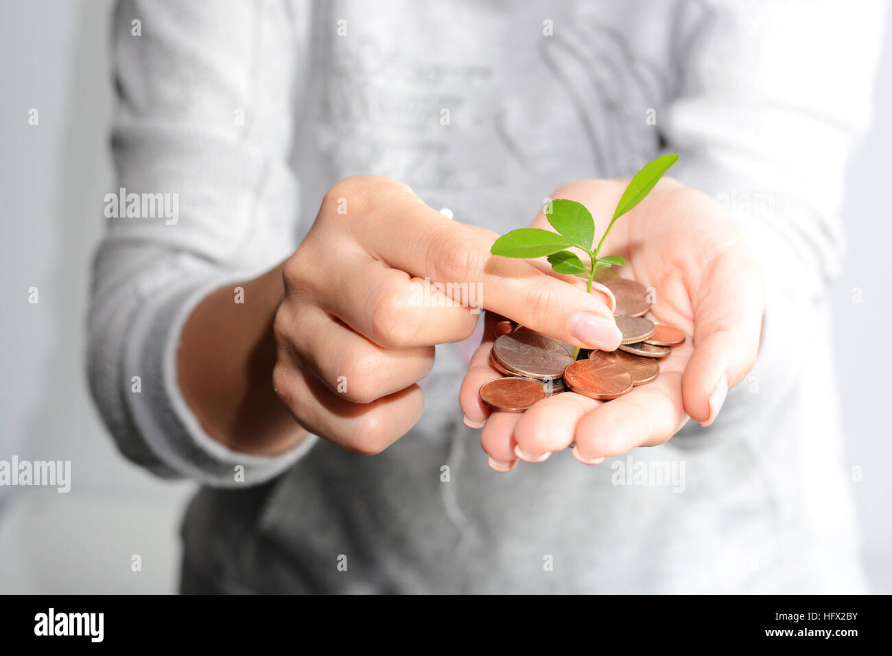 Money growth concept with coins and plant in woman hand Stock Photo - Alamy