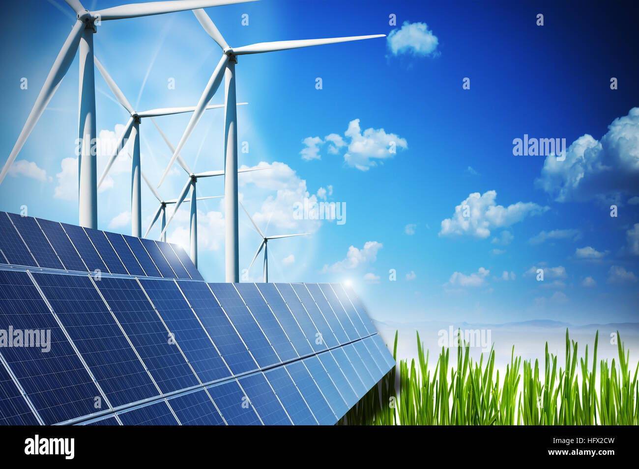 Renewable energy concept with grid connections solar panels and wind ...