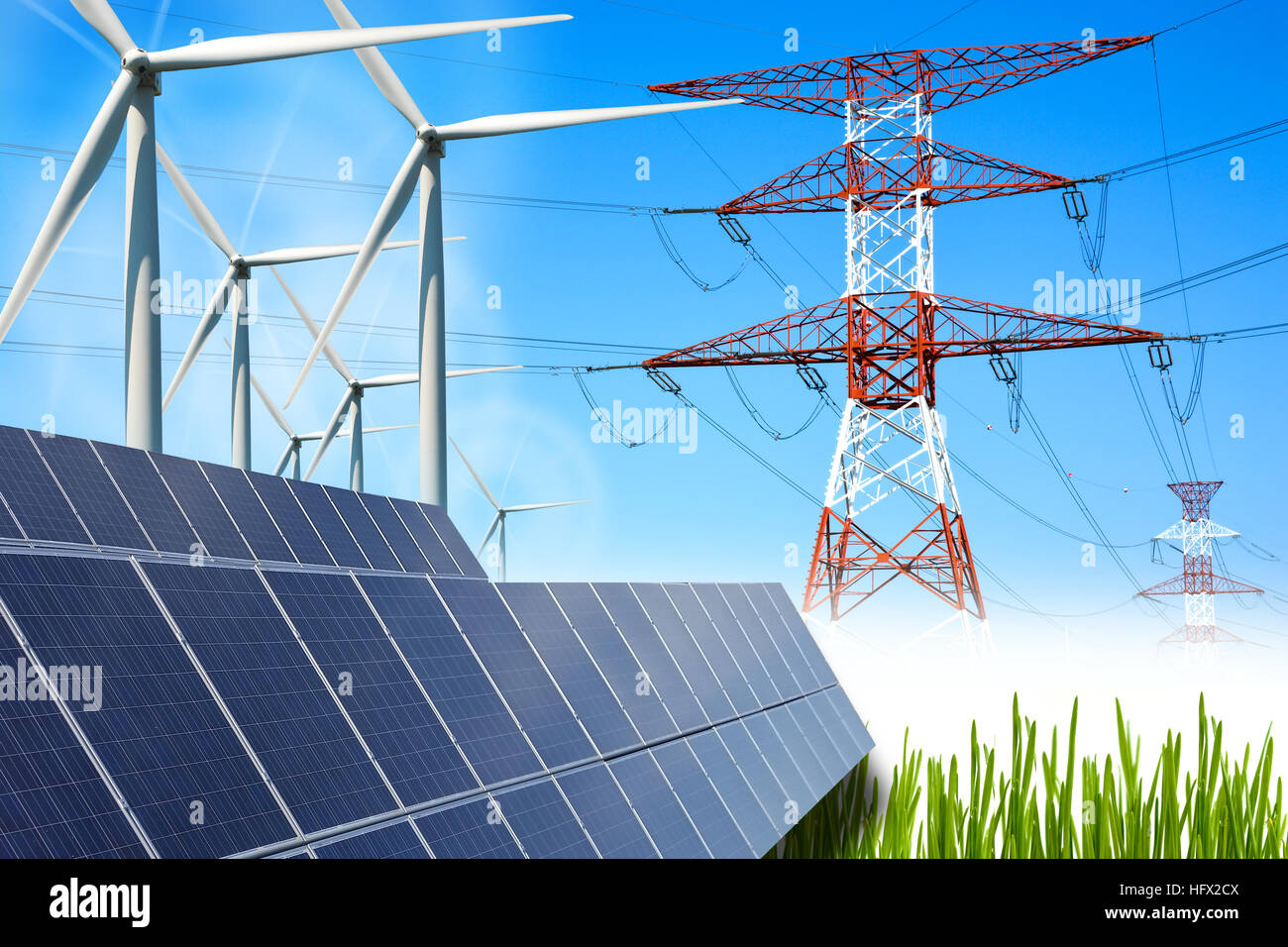 Renewable energy concept with grid connections solar panels and wind ...