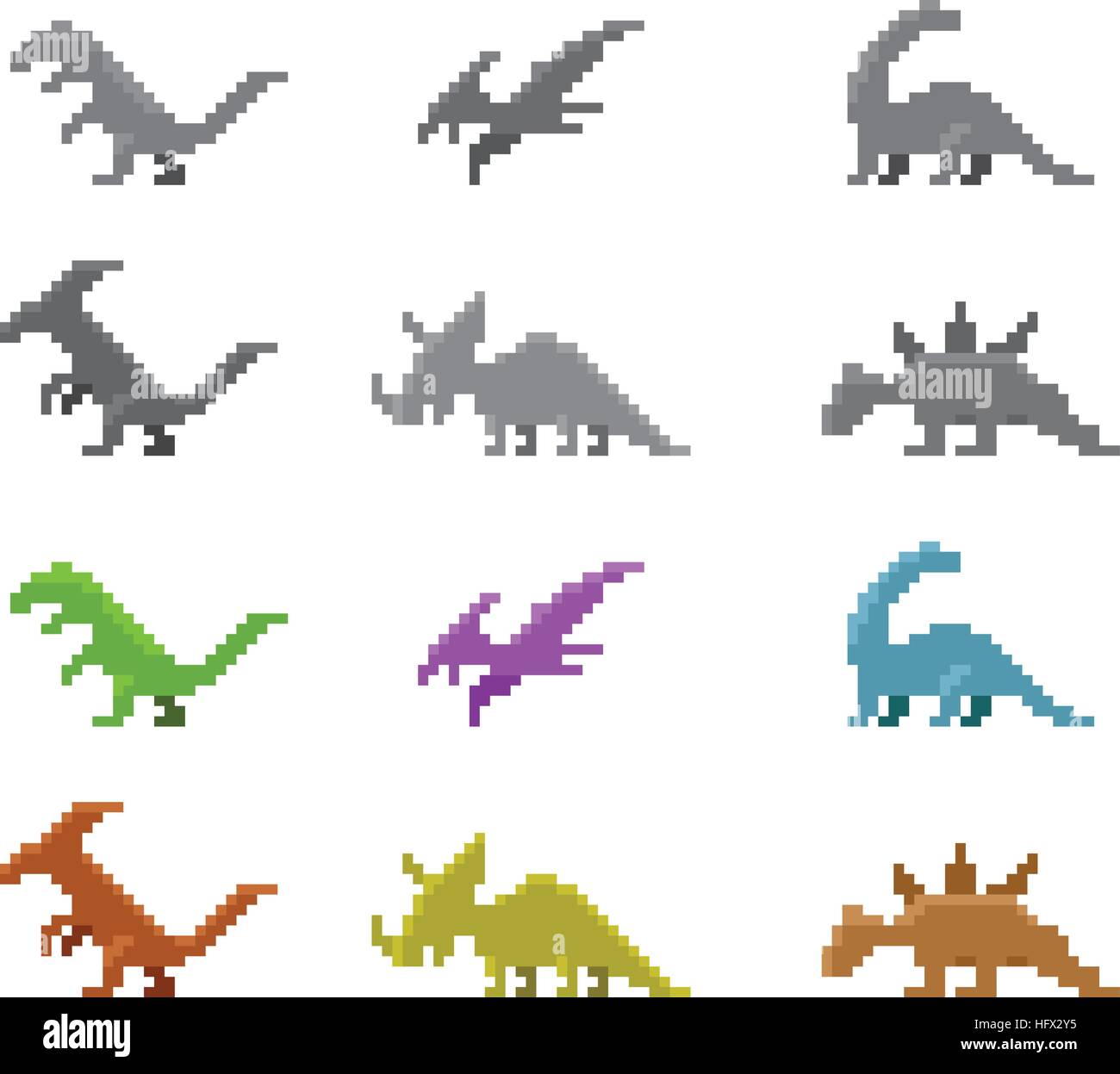 Set of dinosaur icons in color pixel style, vector design Stock Vector ...