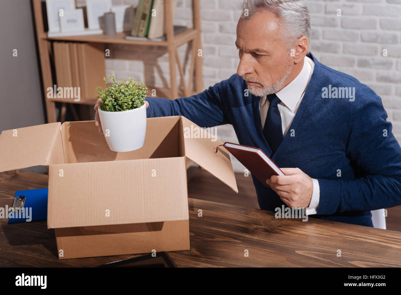 Focused sad executive putting his plant in a box Stock Photo - Alamy
