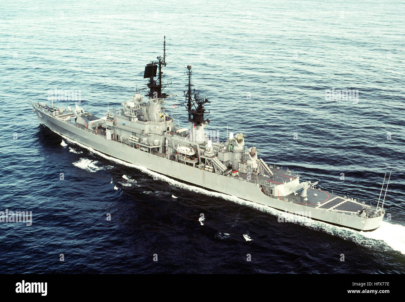 Aerial port quarter view of the guided missile cruiser USS LEAHY (CG 16 ...