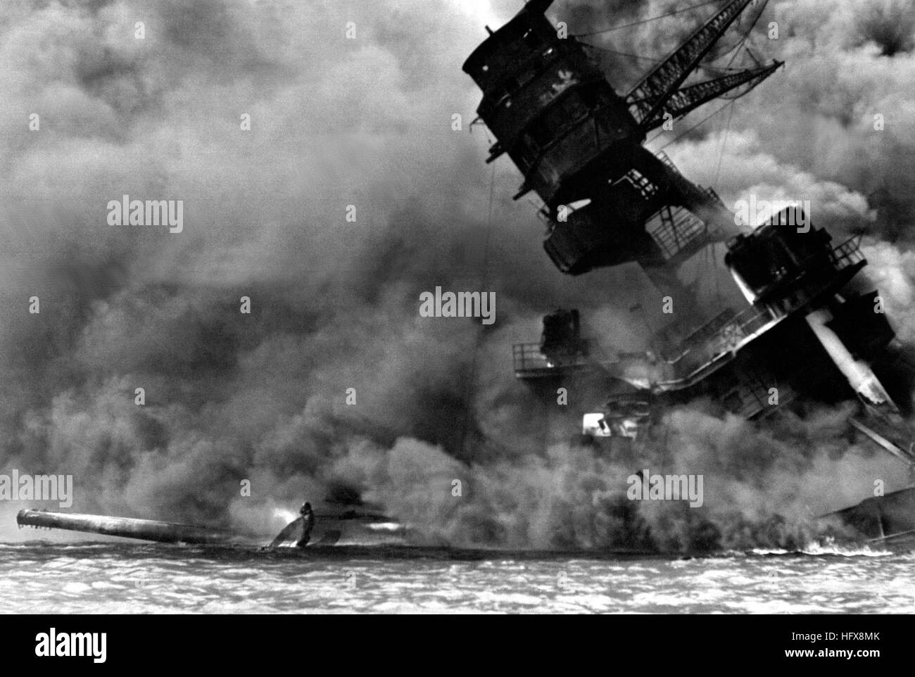 The USS ARIZONA burning after the Japanese attack on Pearl Harbor ...