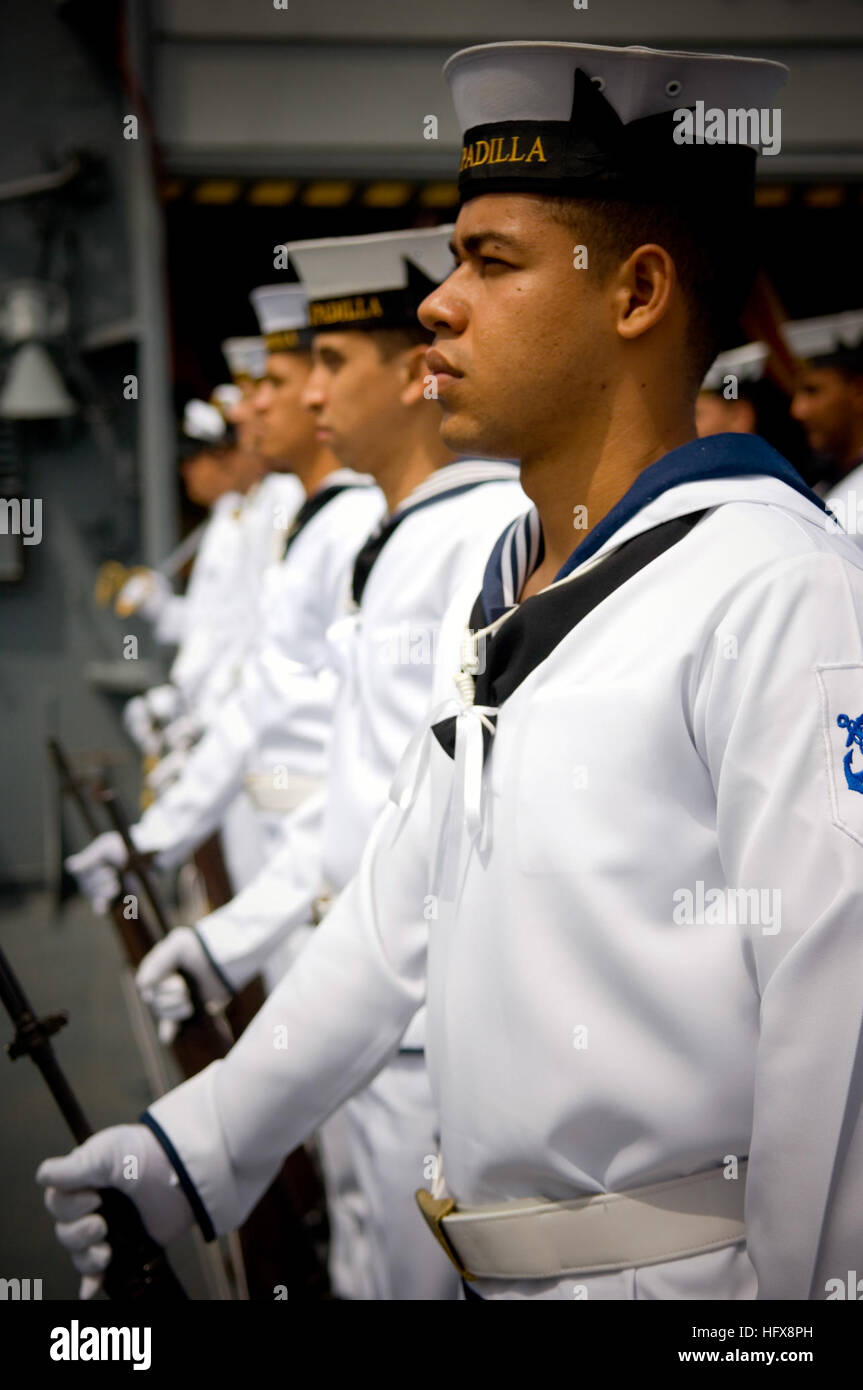 Columbian sailors aboard ARC Almirante Padilla (FM 51) render honors ...