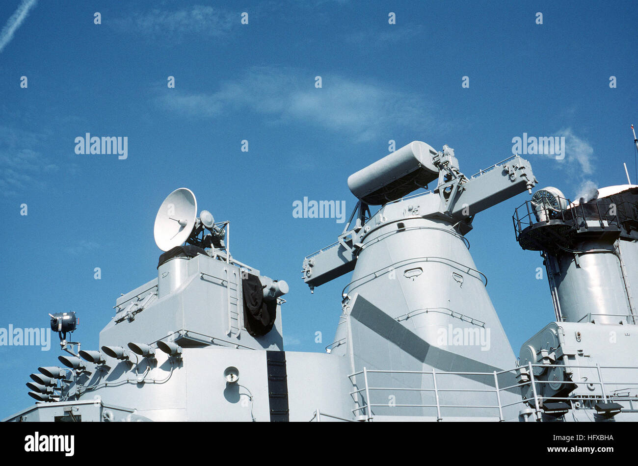 A view of the Mark 37 gunfire control system with Mark 25 radar, left ...