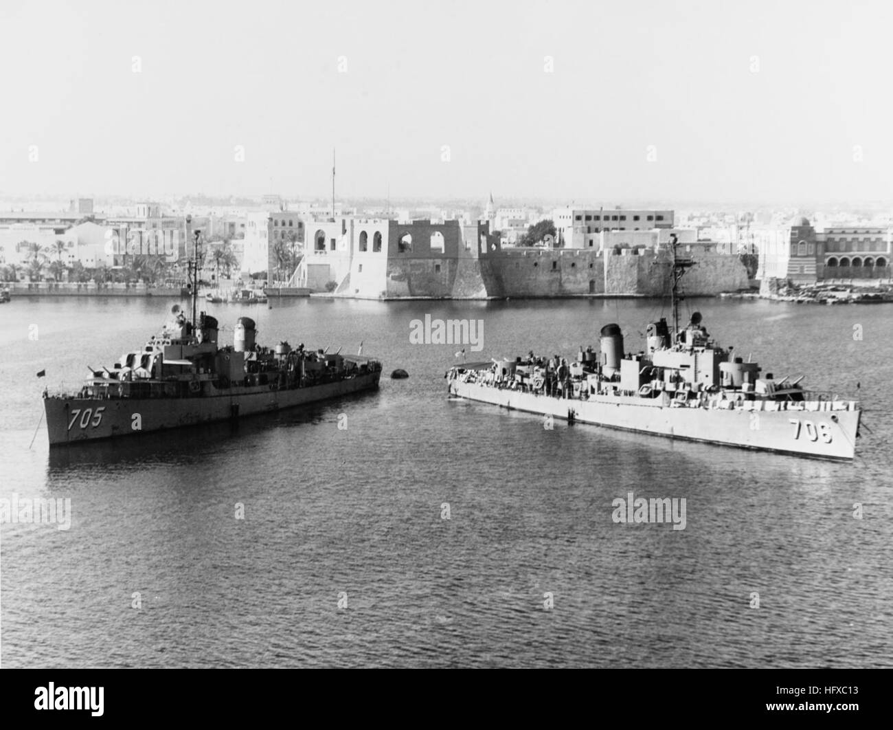 USS Compton (DD-705) and USS Gainard (DD-706) moored in Tripoli Harbor ...
