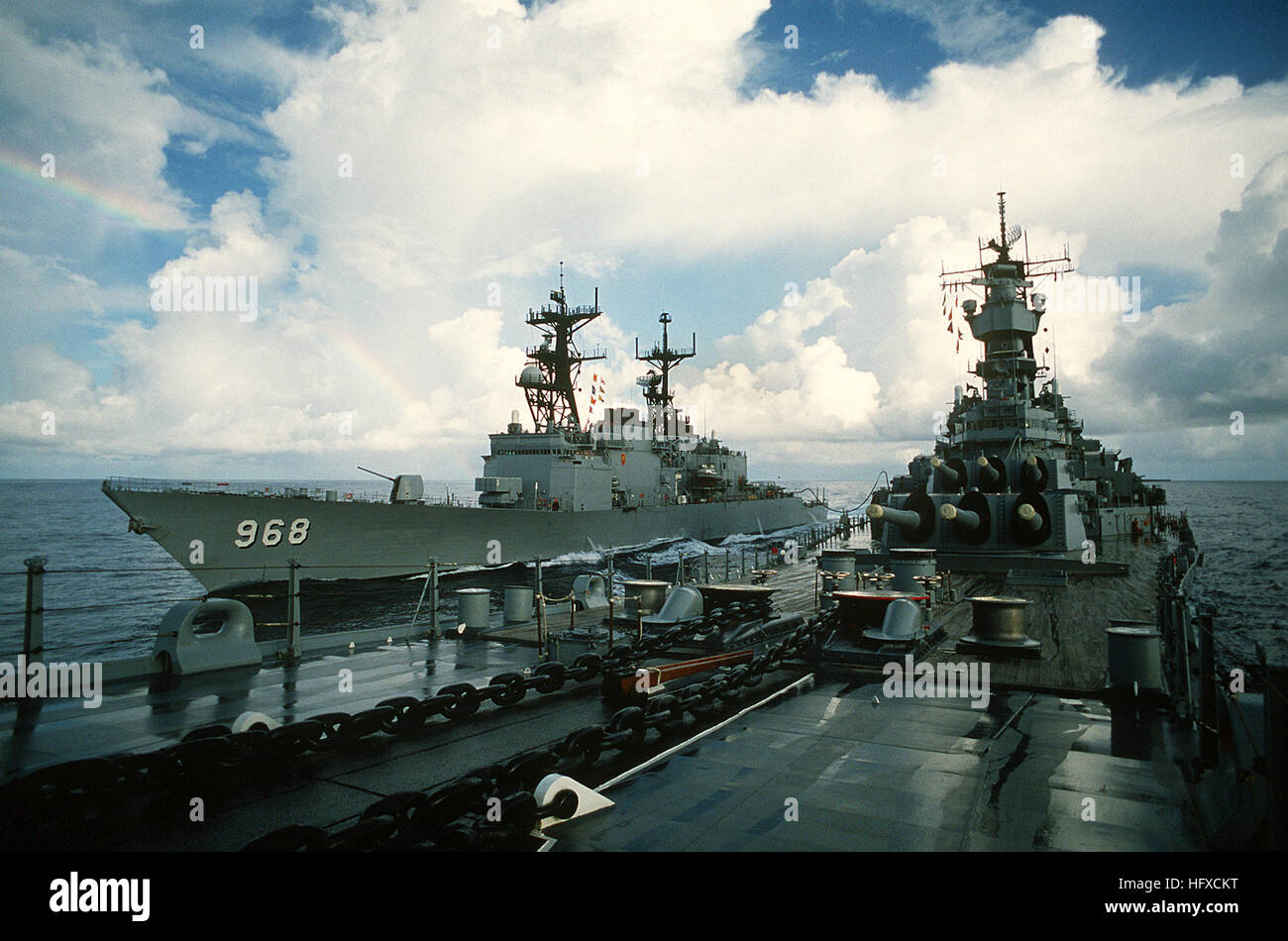 A port bow view of the destroyer USS ARTHUR W. RADFORD (DD-968) as seen ...