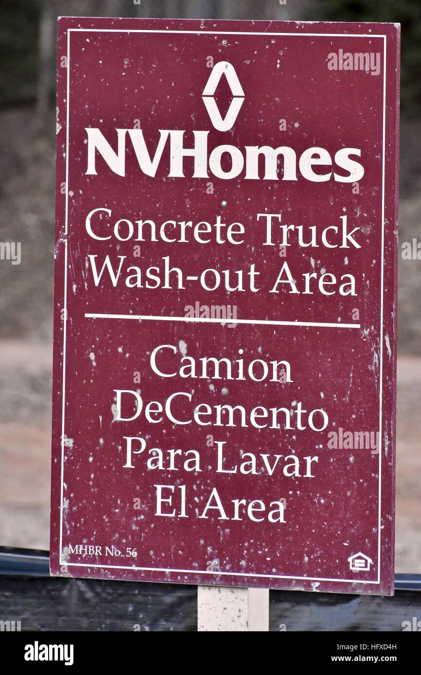 An NV homes new build site with a concrete truck wash out area sign ...