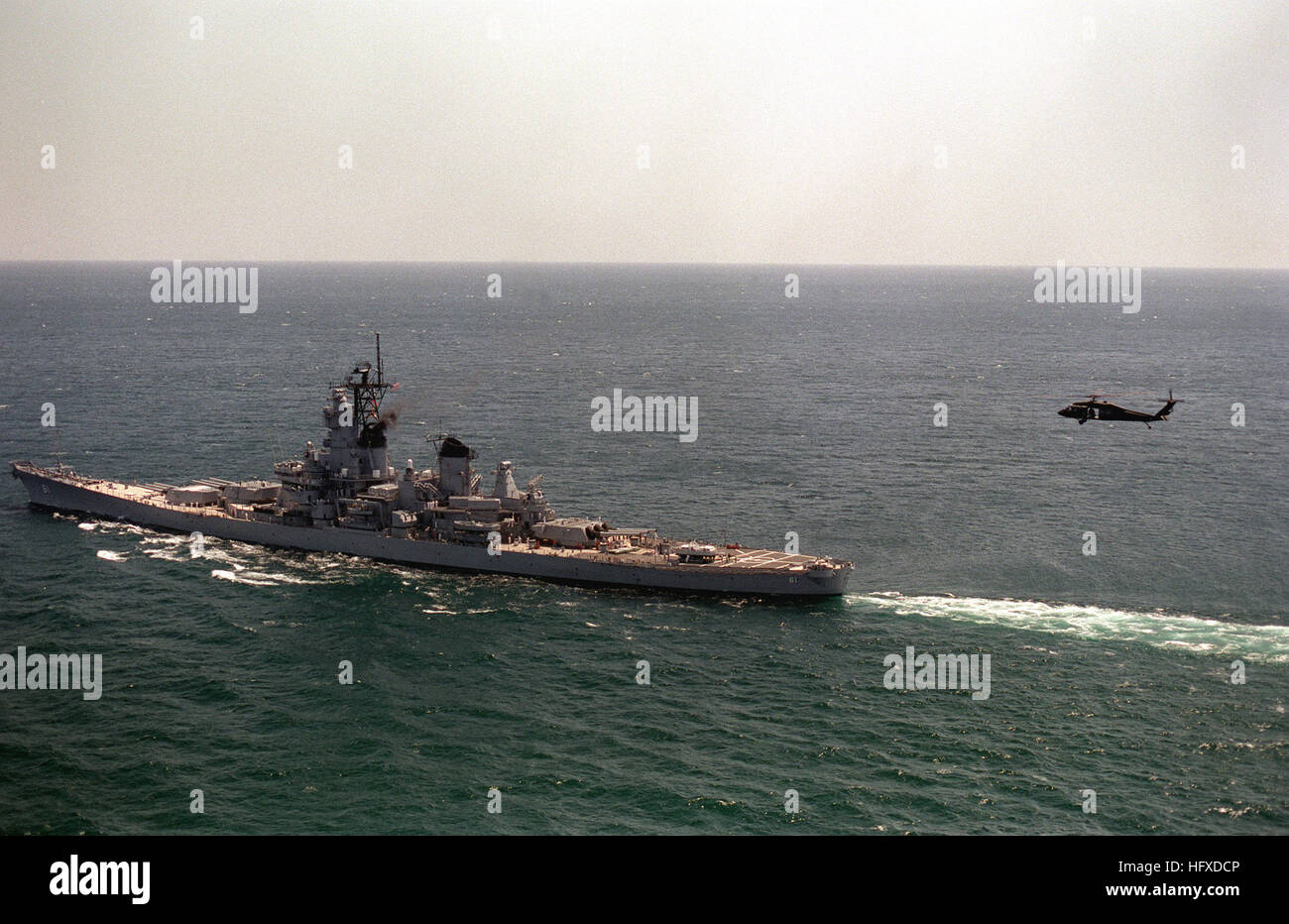 An elevated port quarter view of the battleship USS IOWA (BB-61) underway during exercise Ocean ...