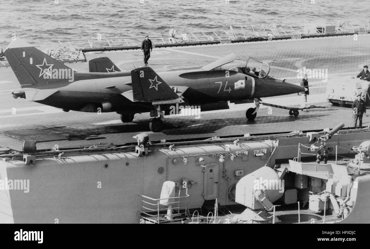 Right side view of a Soviet Yak-36 Forger aircraft on the deck of a ...