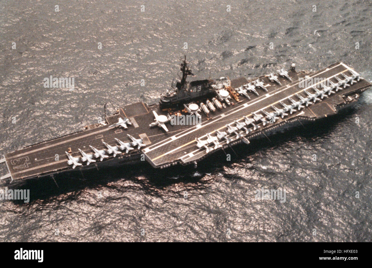 A high-angle port view of the aircraft carrier USS CORAL SEA (CV 43 ...