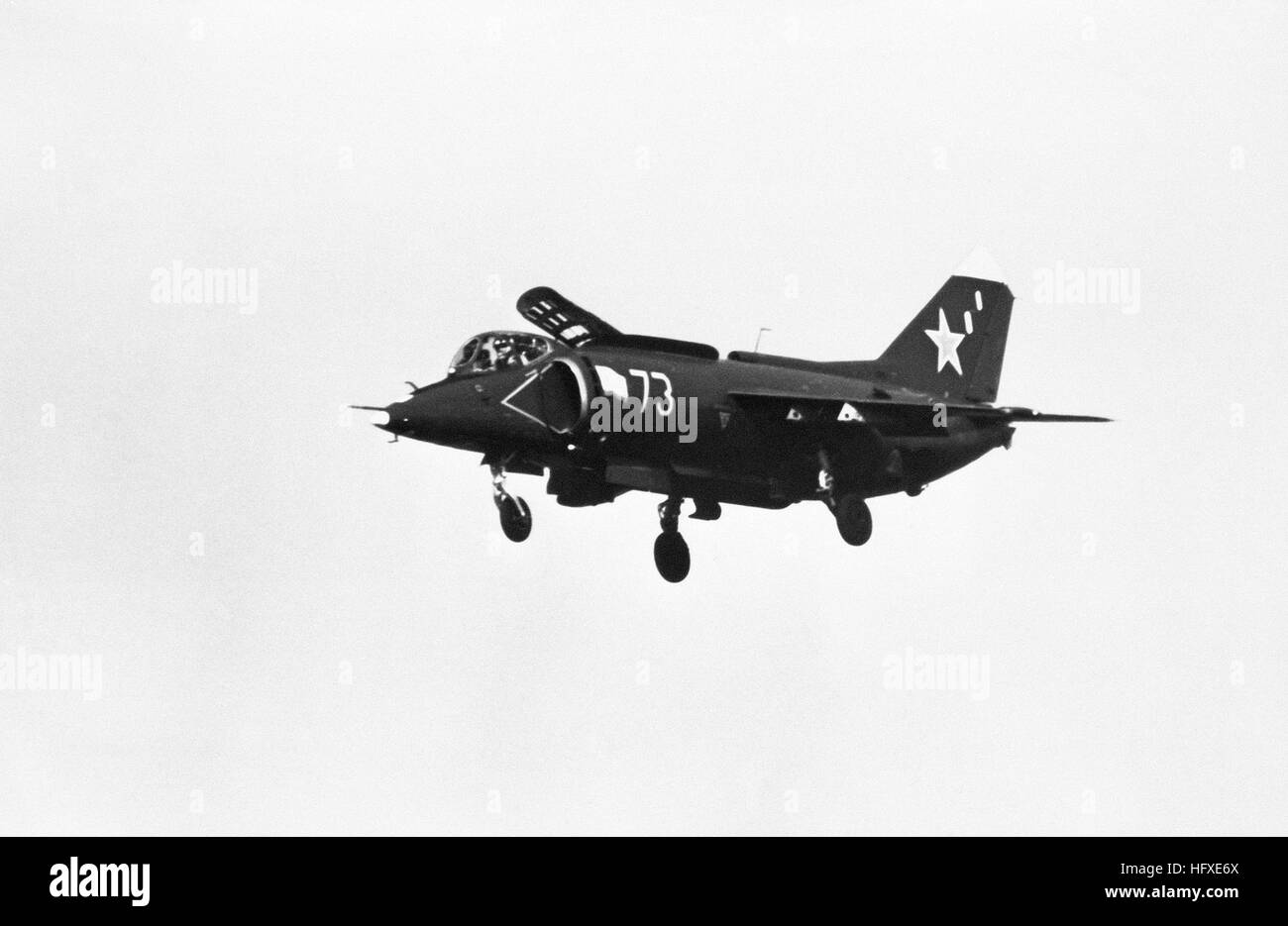 A left front view of a Soviet Yak-36 Forger aircraft with its landing ...