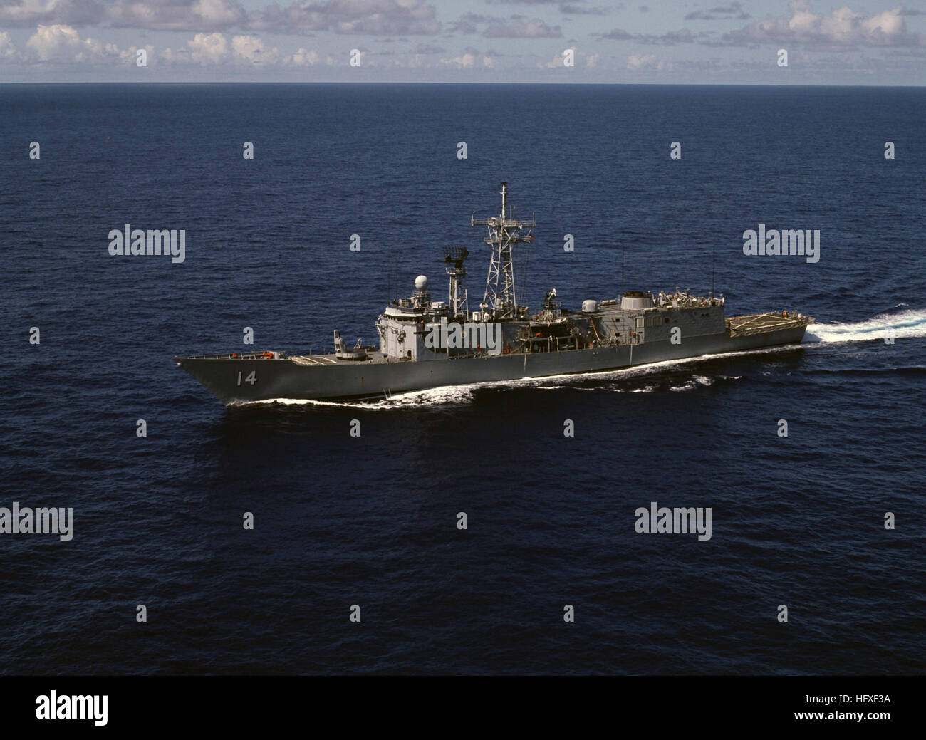 An aerial port bow view of the guided missile frigate USS SIDES (FFG 14 ...