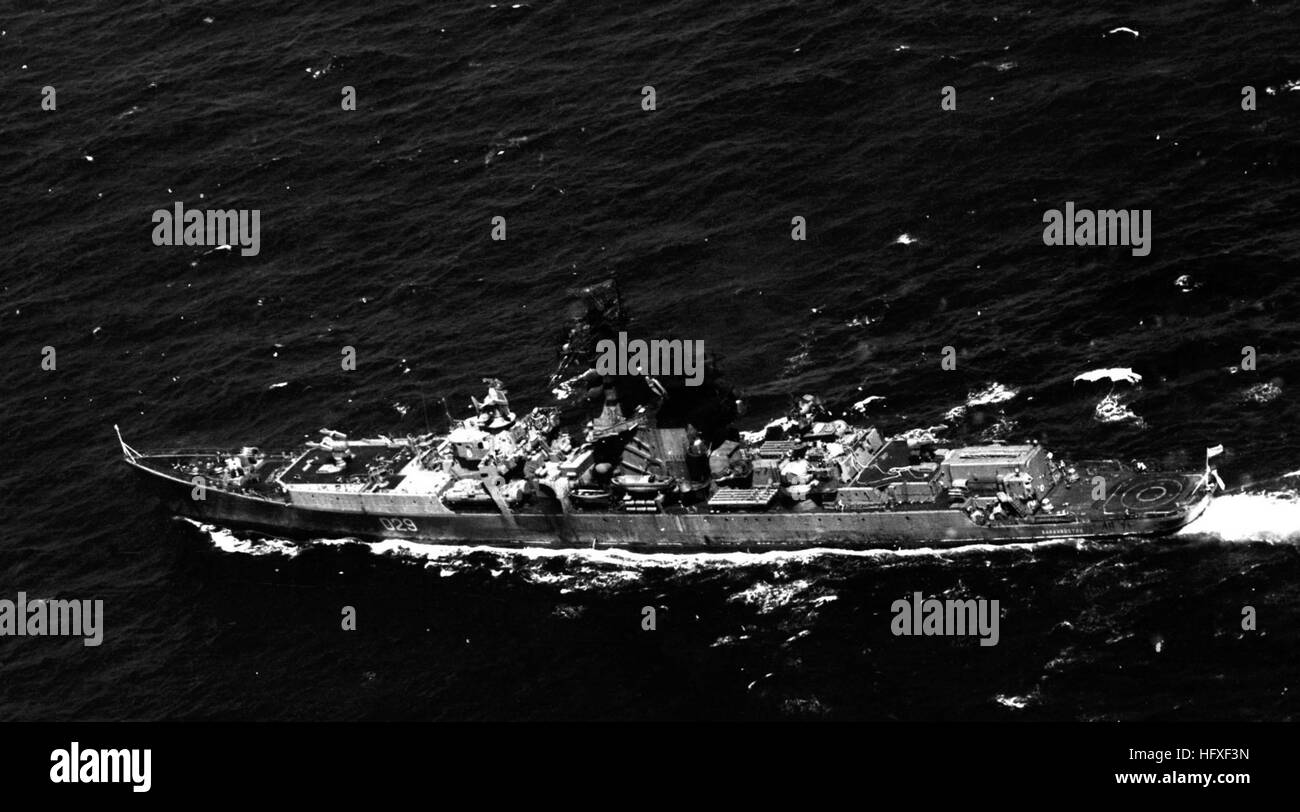 An aerial port view of the Soviet Kresta I class guided missile cruiser ...