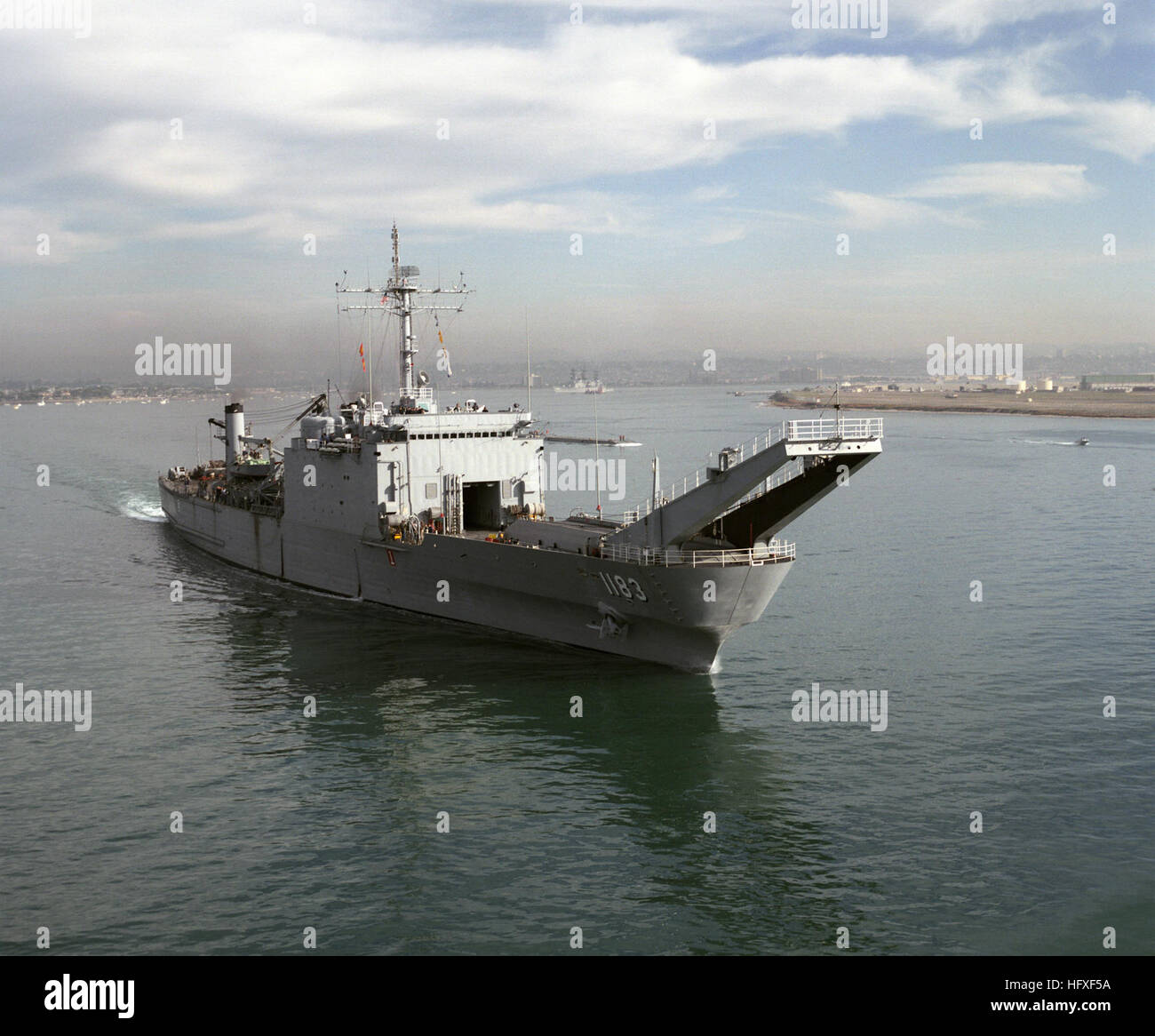 An aerial three-quarter starboard bow view of the US Navy (USN) Newport ...