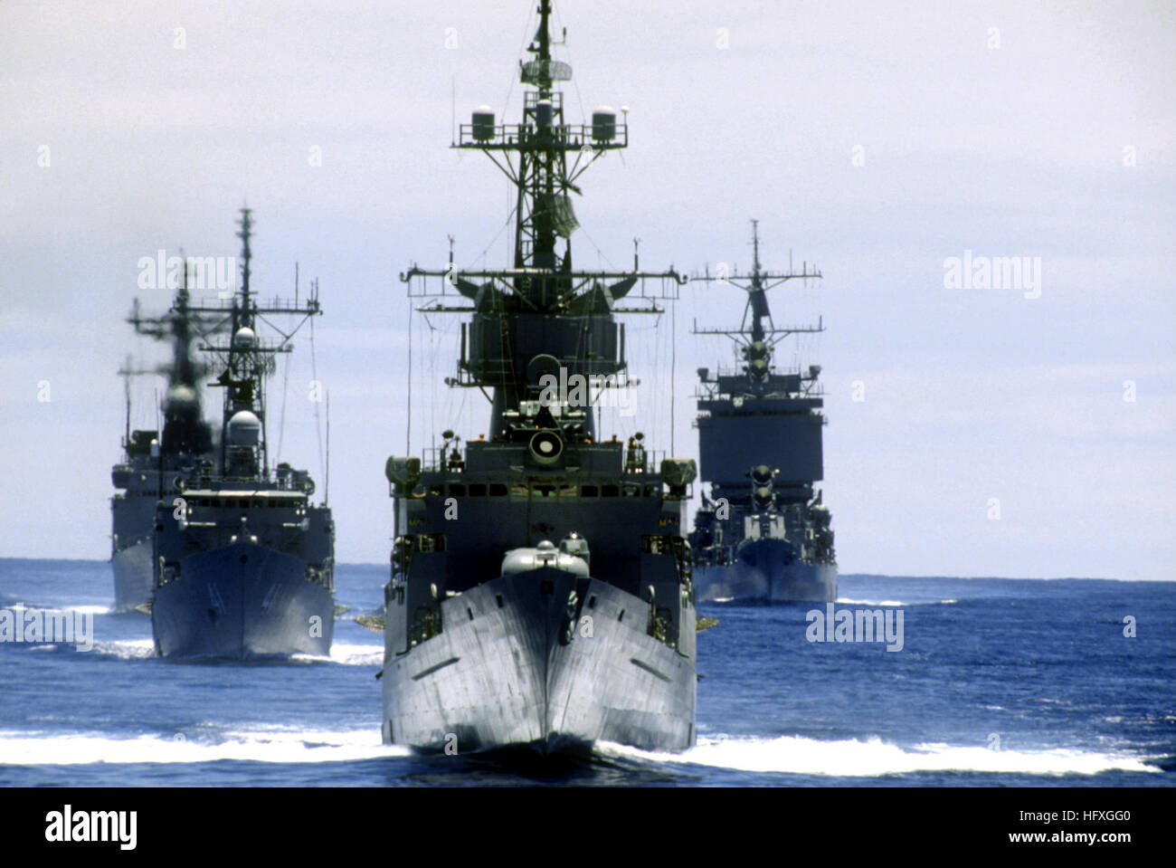 A bow view of the ships composing the battleship USS MISSOURI (BB-63 ...