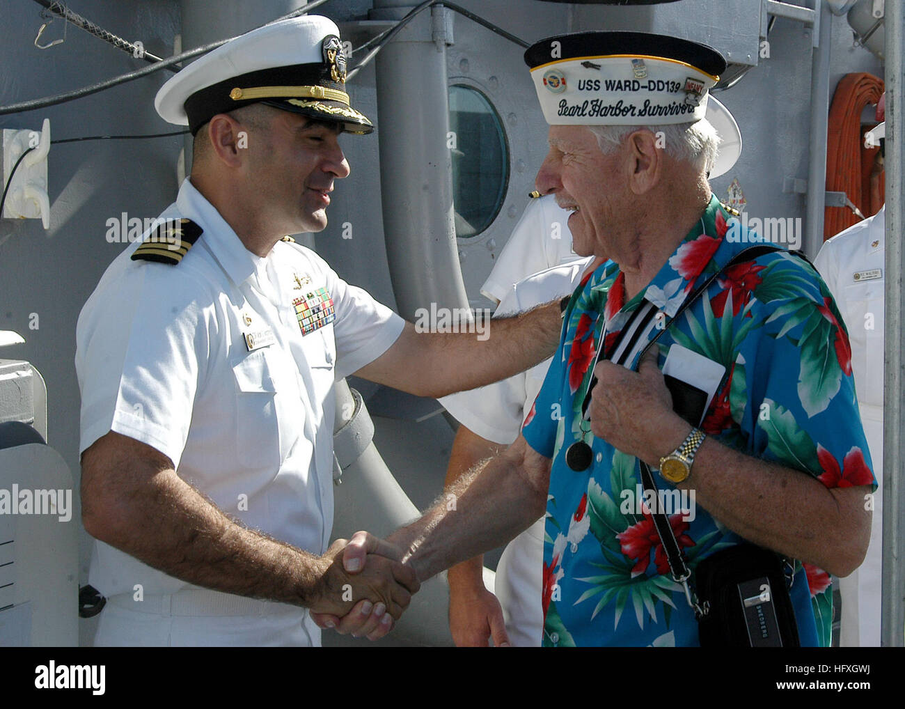 051205-N-5539C-002 class destroyer USS Ward (DD 139) are greeted aboard ...