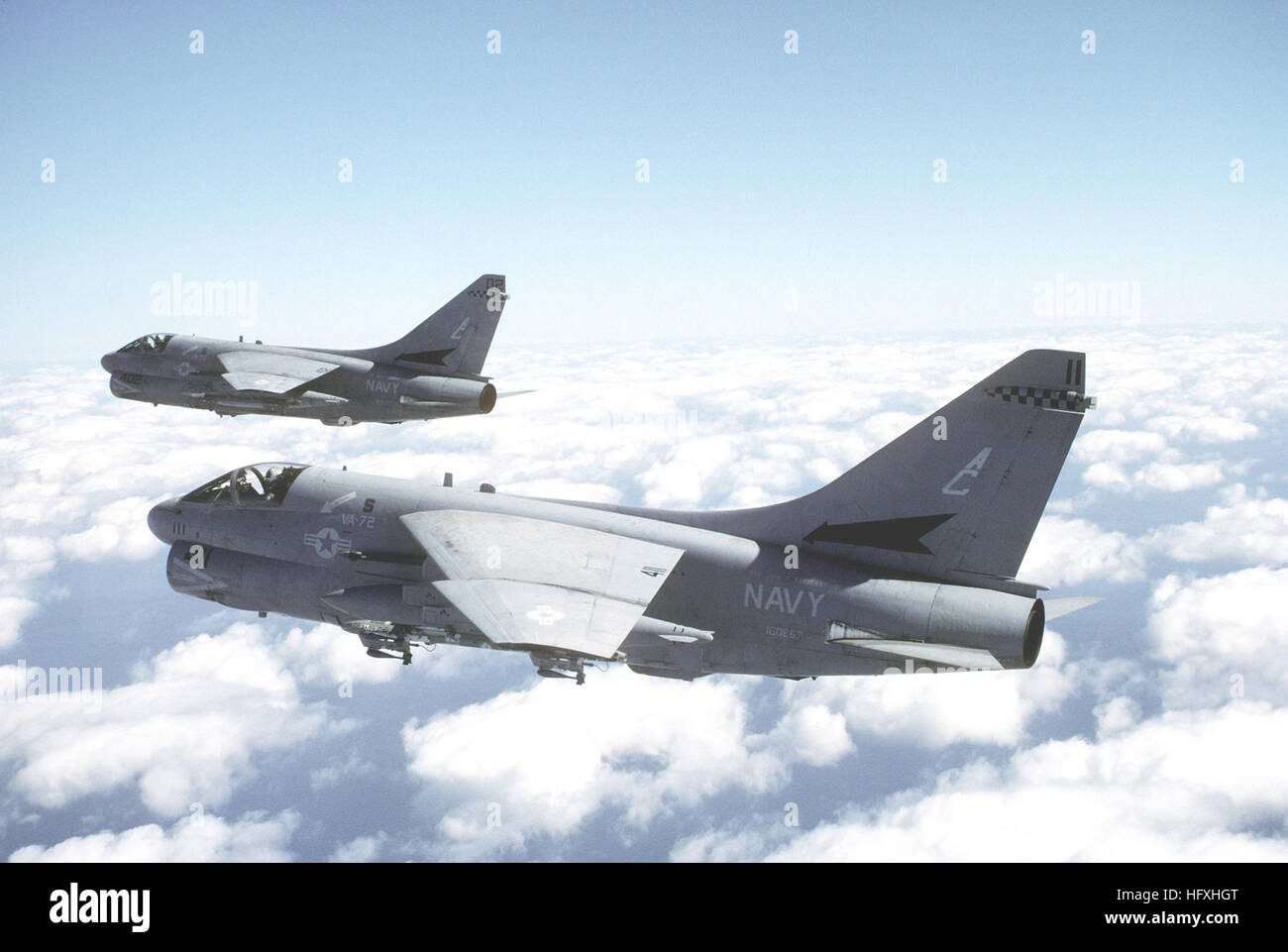 An air-to-air left side view of Attack Squadron 72 (VA-72) A-7E Corsair ...