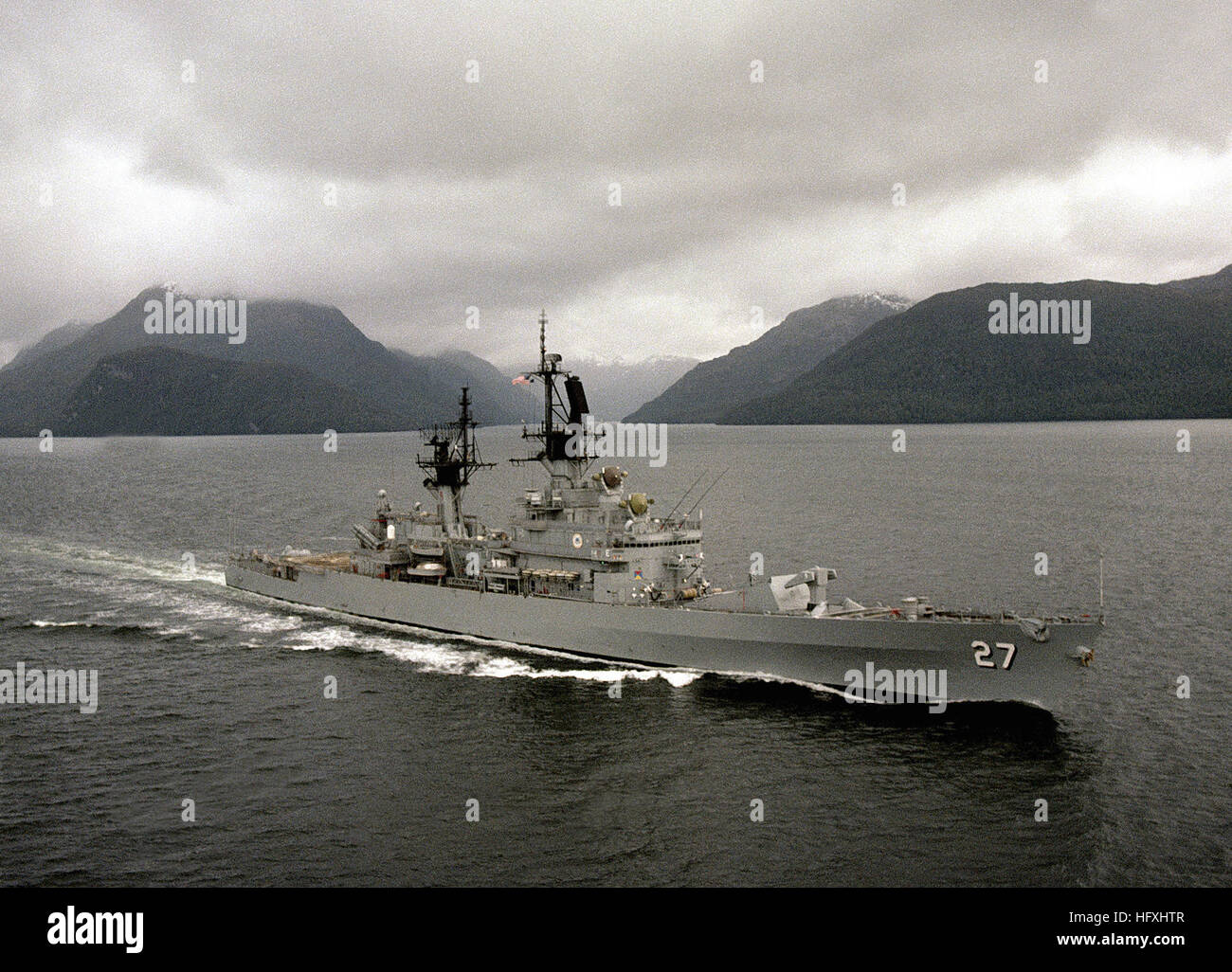 A starboard bow view of the guided missile cruiser USS JOSEPHUS DANIELS ...