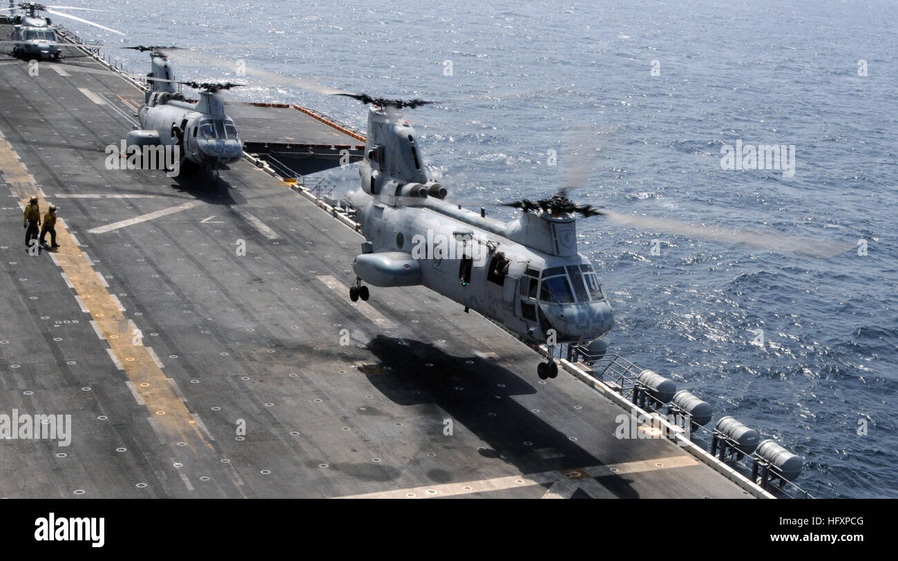 A U.S. Marine Corps CH-46 Sea Knight helicopter assigned to the White Knights of Helicopter ...