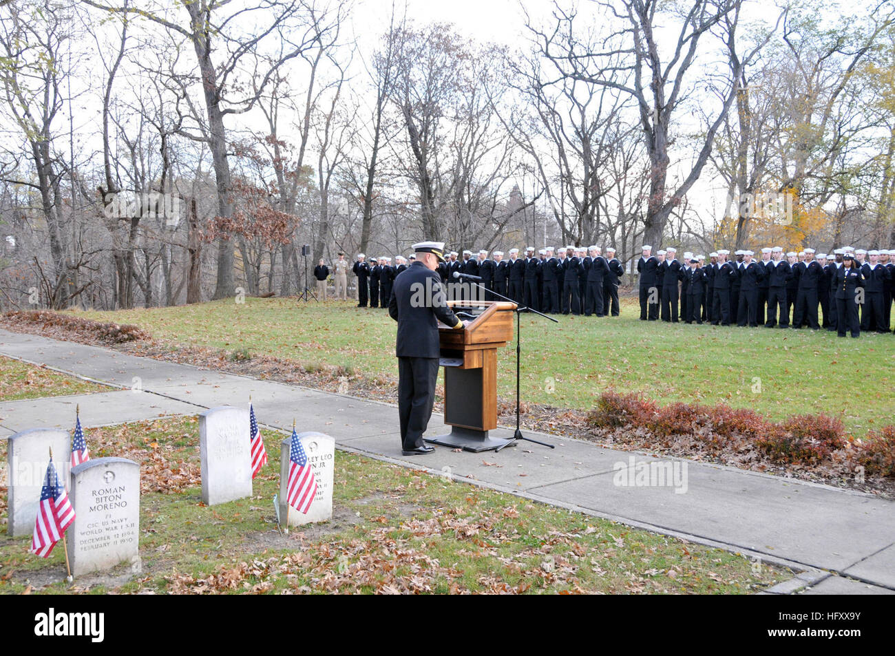 U.S. Navy Rear Adm. Clifford S. Sharpe, at lectern, commander of Naval Service Training Command ...