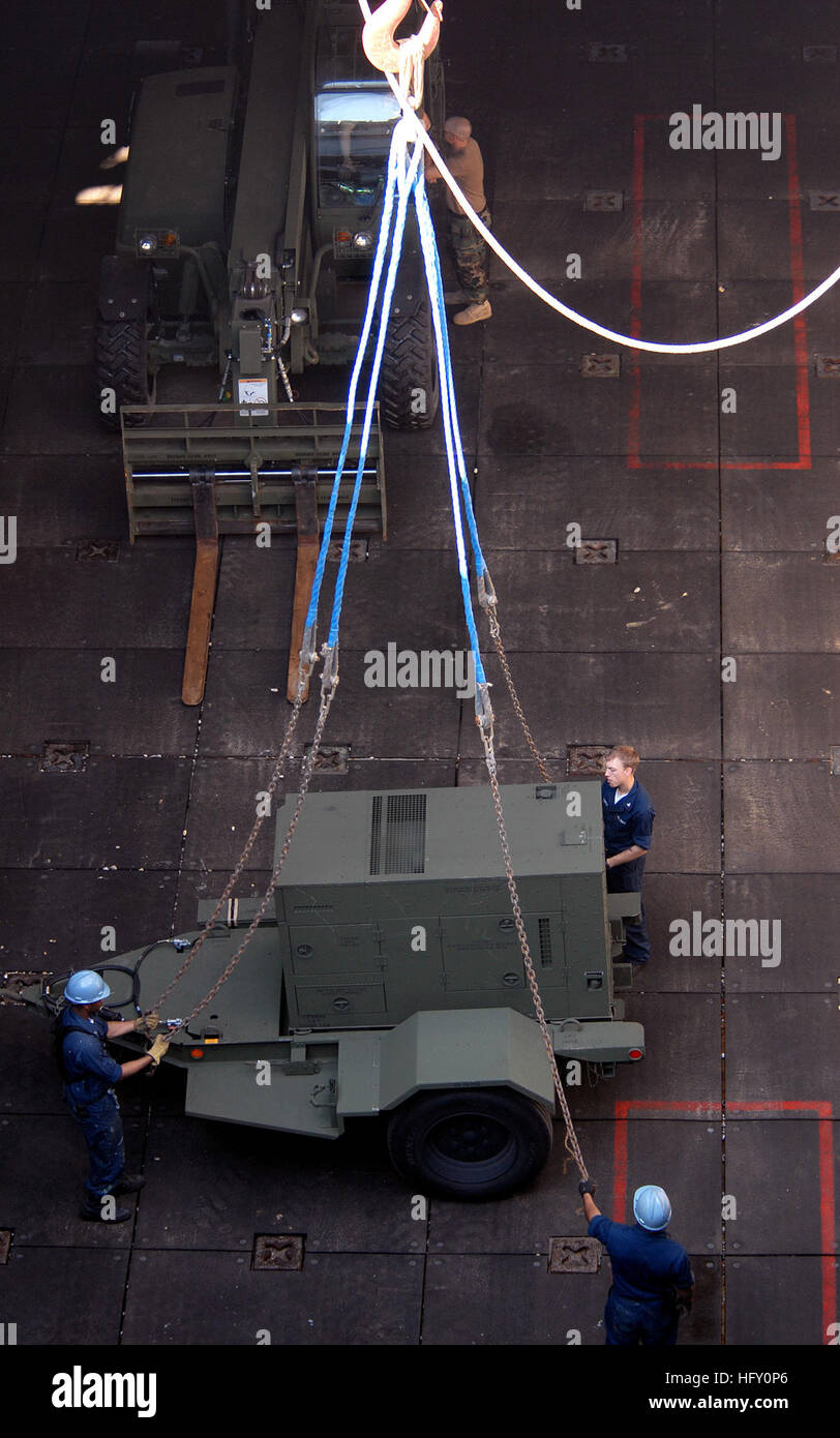 Seaman signals crane operator as heavy equipment is moved aboard ...